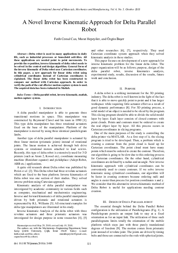 (PDF) A Novel Inverse Kinematic Approach for Delta Parallel Robot