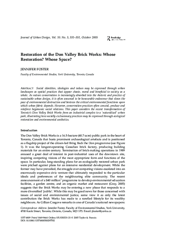 (PDF) Restoration of the Don Valley Brick Works: Whose Restoration ...