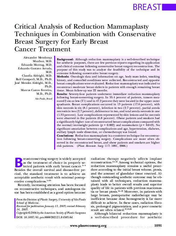 (PDF) Critical Analysis of Reduction Mammaplasty Techniques in ...
