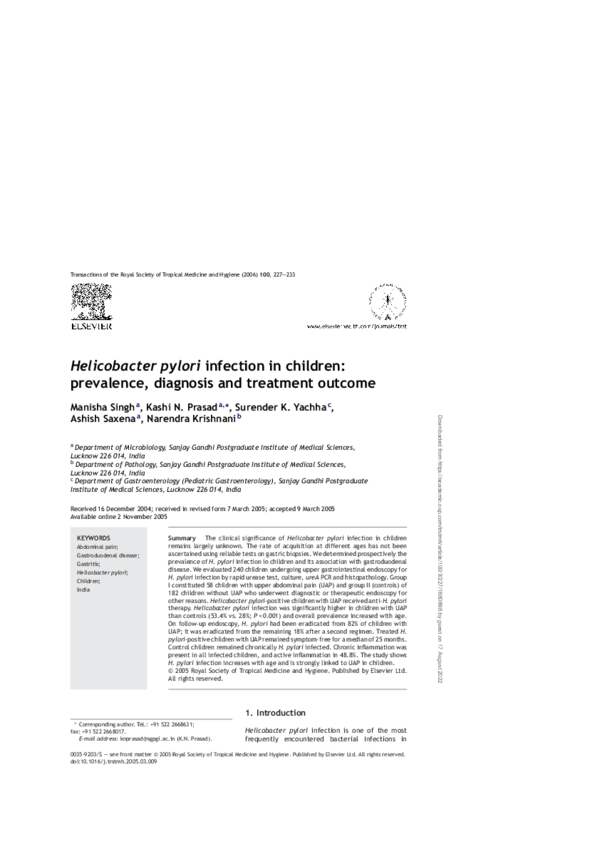 (PDF) Helicobacter pylori infection in children: prevalence, diagnosis ...