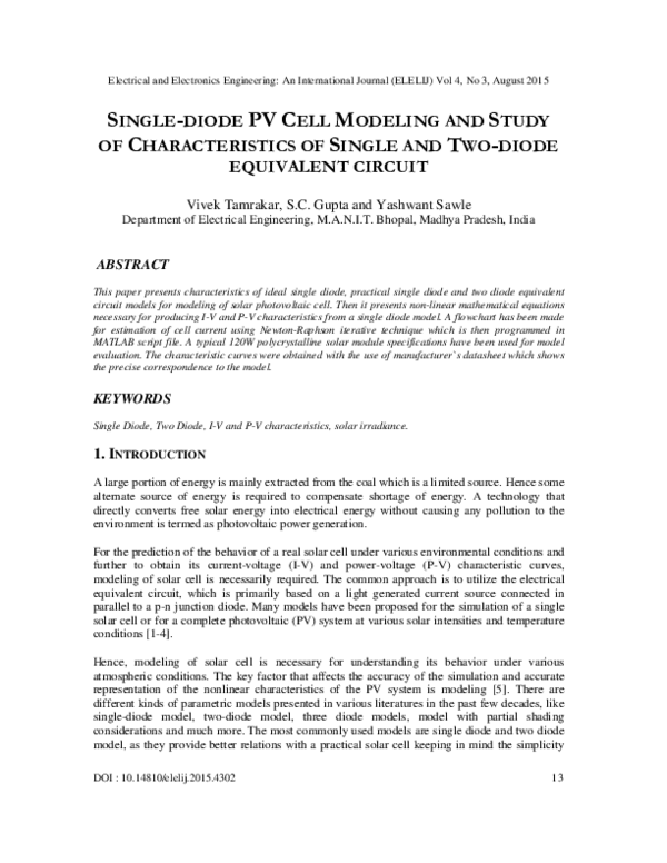 (PDF) Single-Diode Pv Cell Modeling And Study Of Characteristics Of ...