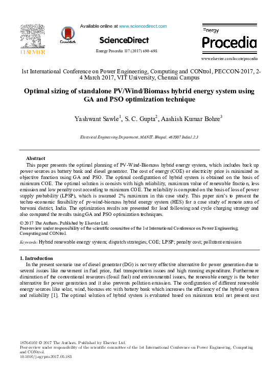 Pdf Optimal Sizing Of Standalone Pvwindbiomass Hybrid Energy System Using Ga And Pso