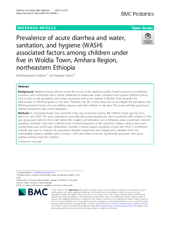 (PDF) Prevalence of acute diarrhea and water, sanitation, and hygiene ...