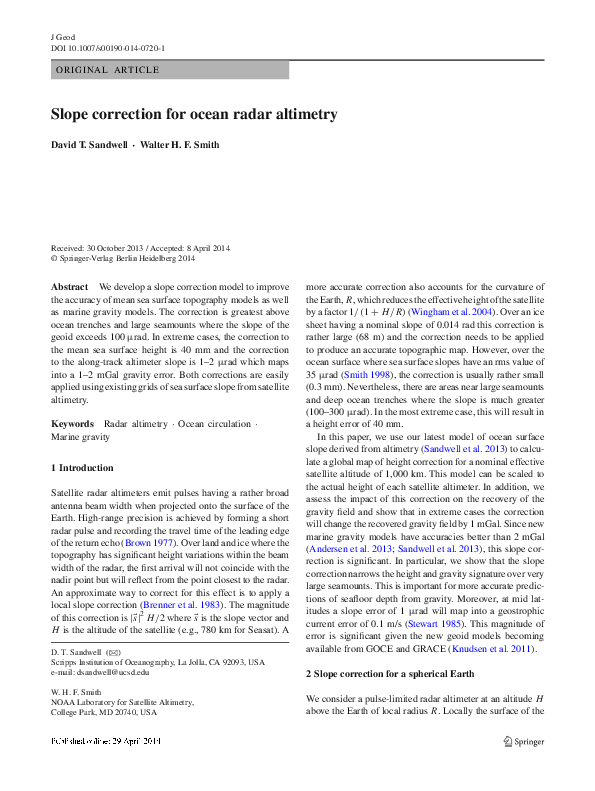 (PDF) Slope correction for ocean radar altimetry | Walter Smith ...