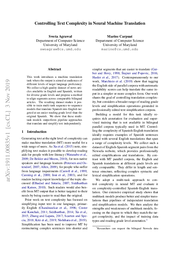 (PDF) Controlling Text Complexity in Neural Machine Translation