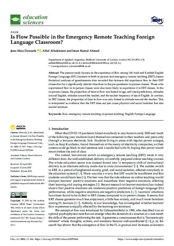 (PDF) Is Flow Possible in the Emergency Remote Teaching Foreign Language Classroom