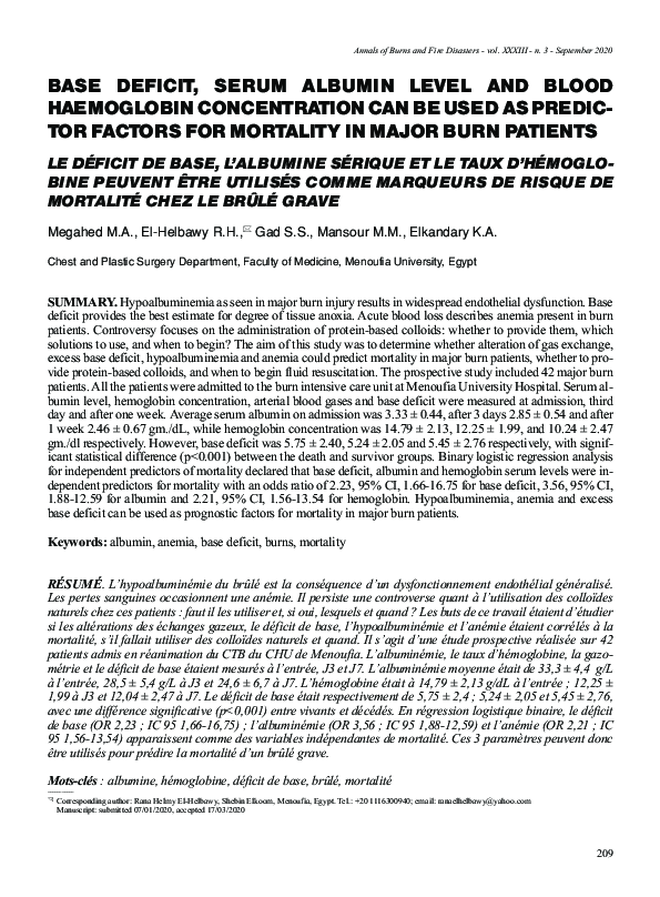 (PDF) Base Deficit, Serum Albumin Level And Blood Haemoglobin ...