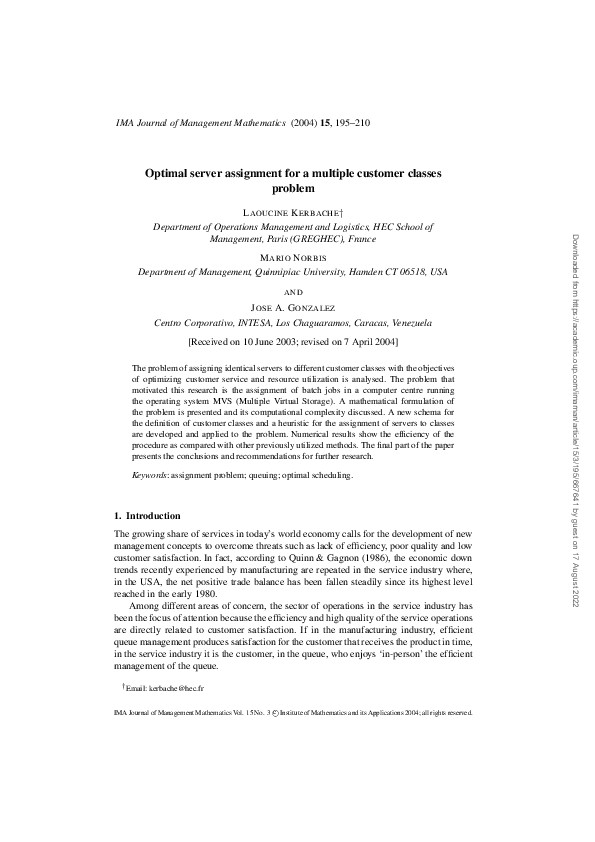 (PDF) Optimal server assignment for a multiple customer classes problem