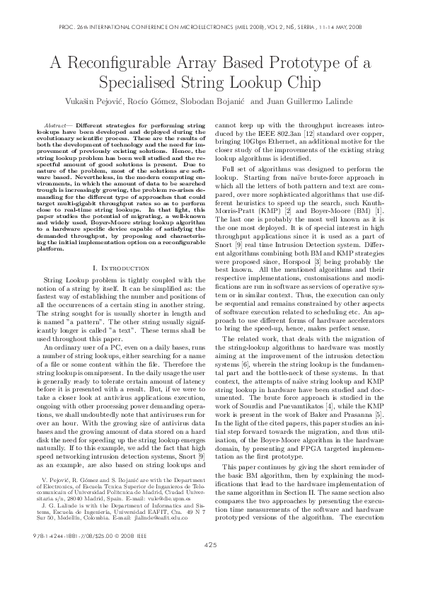 Pdf A Reconfigurable Array Based Prototype Of A Specialised String Lookup Chip Juan Lalinde