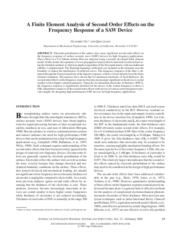 Pdf A Finite Element Analysis Of Second Order Effects On The Frequency Response Of A Saw Device