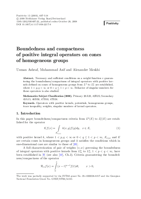 (PDF) Boundedness and compactness of positive integral operators on cones of homogeneous groups