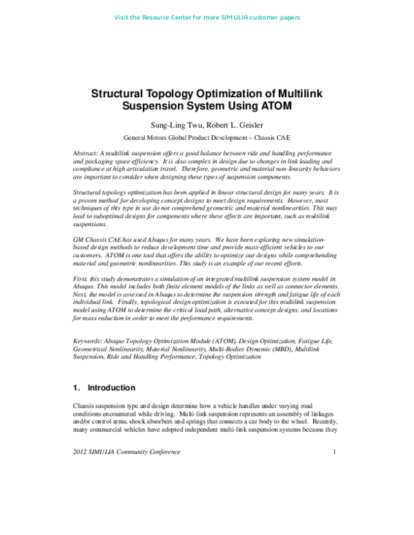 Pdf Structural Topology Optimization Of Multilink Suspension System Using Atom