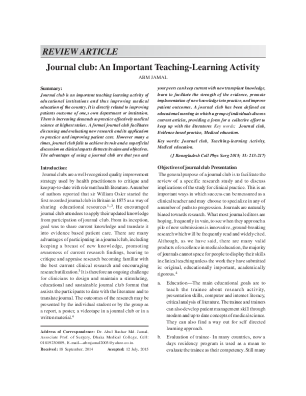 (PDF) Journal club: An Important Teaching-Learning Activity