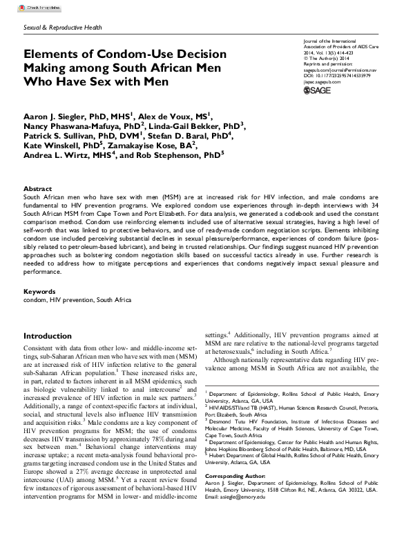 Pdf Elements Of Condom Use Decision Making Among South African Men