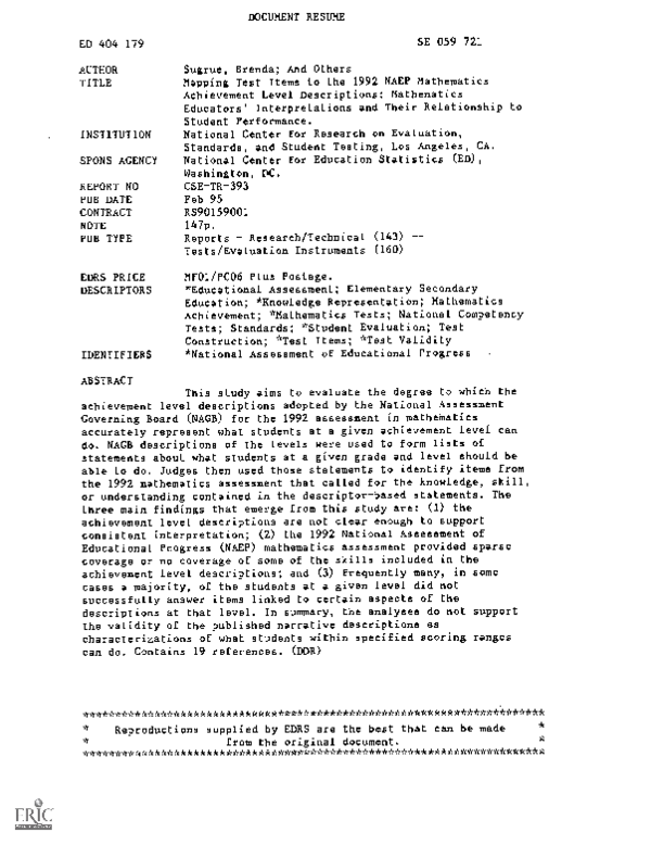 (PDF) Mapping Test Items to the 1992 NAEP Mathematics Achievement Level ...