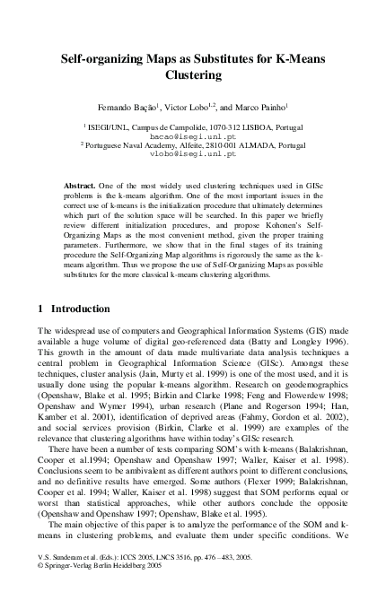 Pdf Self Organizing Maps As Substitutes For K Means Clustering 