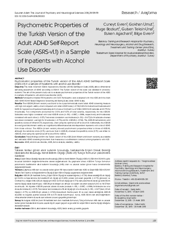(PDF) Psychometric properties of the Turkish version of the Adult ADHD ...