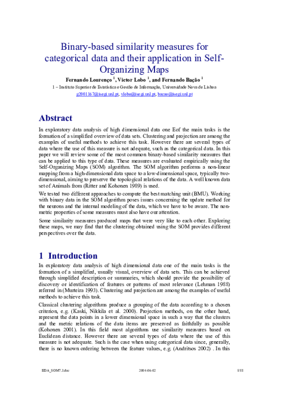 (PDF) Binary-based similarity measures for categorical data and their application in Self ...