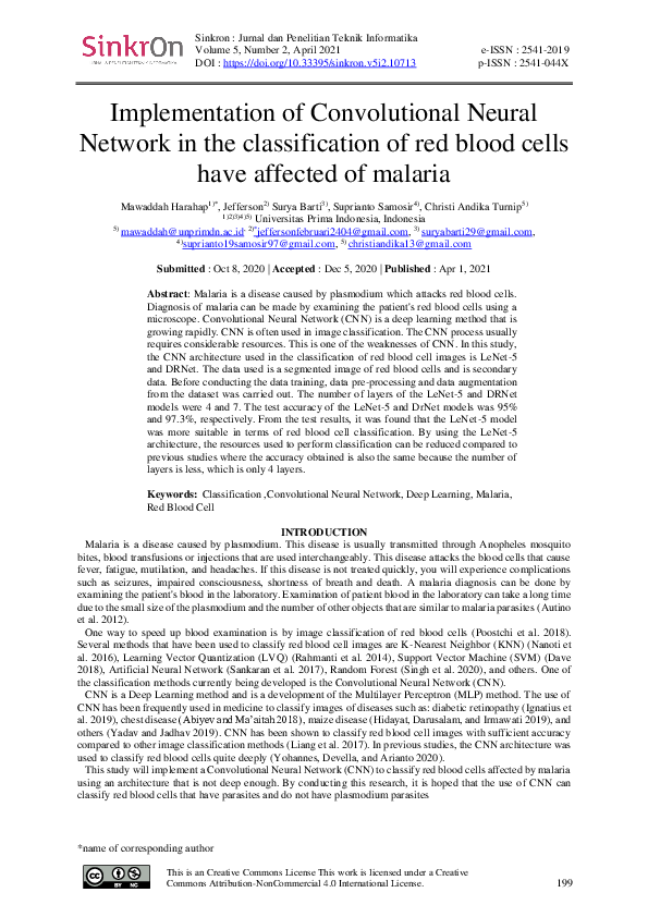 (PDF) Implementation of Convolutional Neural Network in the classification of red blood cells ...