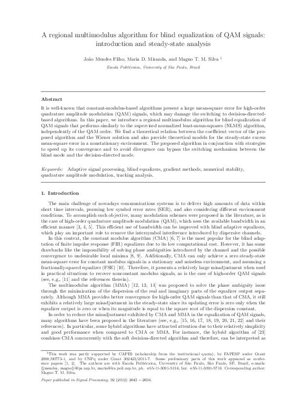 Pdf A Regional Multimodulus Algorithm For Blind Equalization Of Qam Signals Introduction And