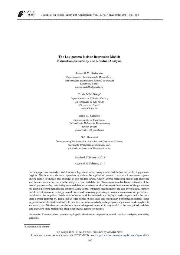 Pdf The Log Gamma Logistic Regression Model Estimation Sensibility And Residual Analysis