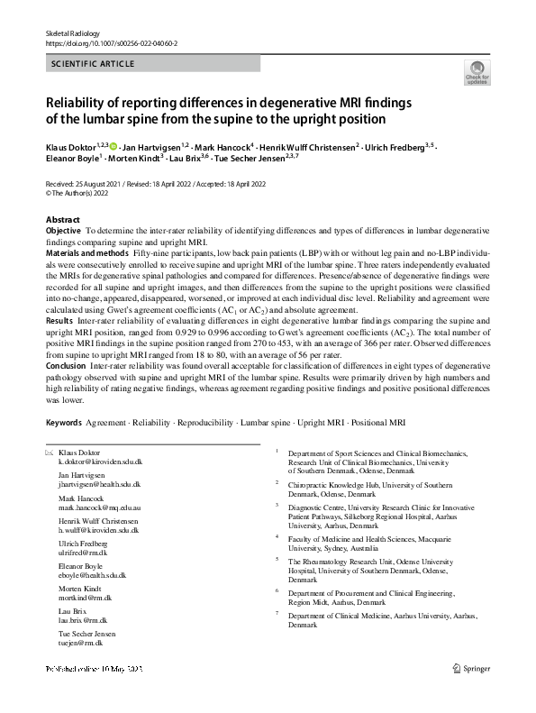 (PDF) Reliability of reporting differences in degenerative MRI findings ...