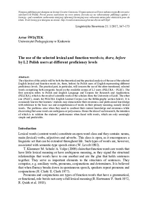 (PDF) The use of the selected lexical and function words to, there, before by L2 Polish users at ...