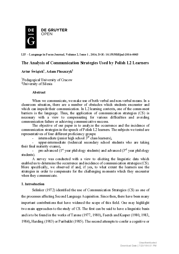 (PDF) The Analysis of Communication Strategies Used by Polish L2 Learners