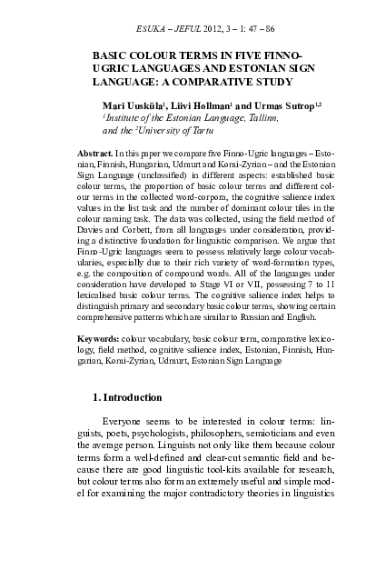 (PDF) Basic colour terms in five Finno-Ugric languages and Estonian ...