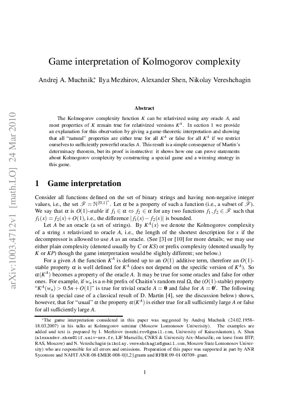(PDF) Game interpretation of Kolmogorov complexity | alexander shen - Academia.edu