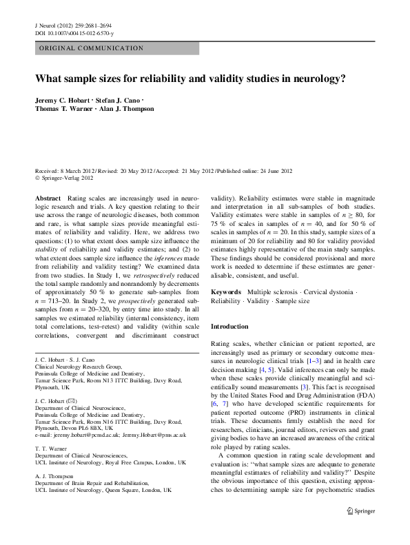 (PDF) What sample sizes for reliability and validity studies in neurology?