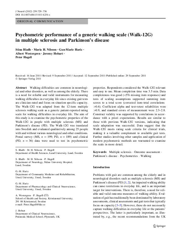 (PDF) Psychometric performance of a generic walking scale (Walk-12G) in ...