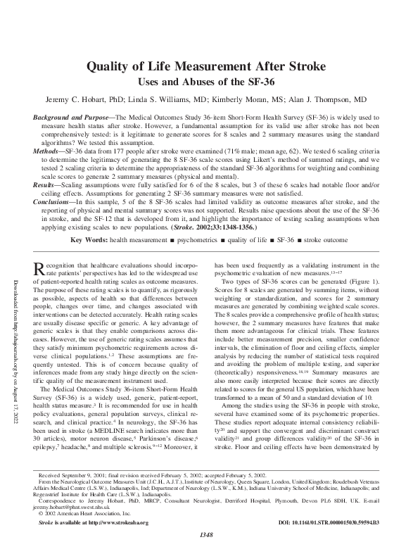 (PDF) Quality of Life Measurement After Stroke