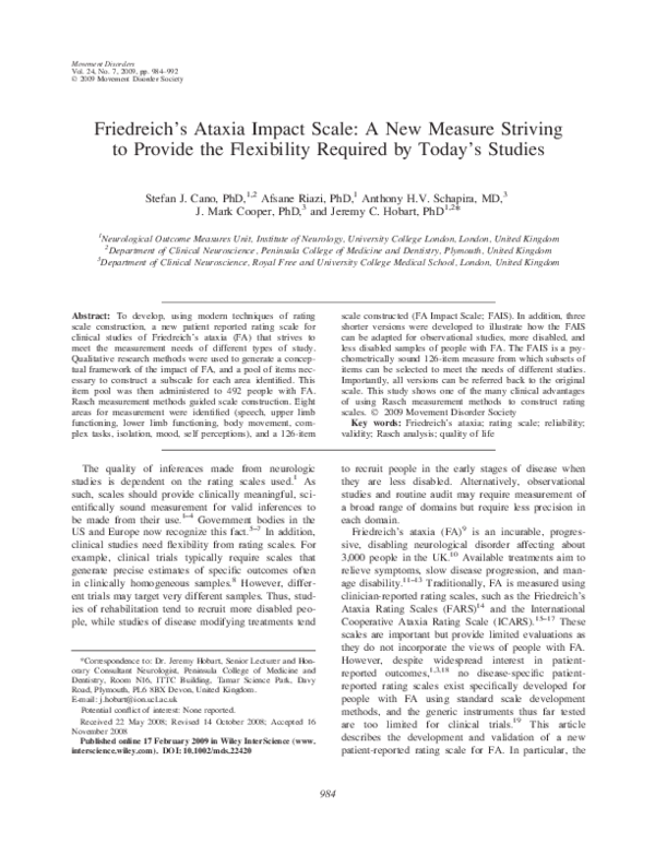 (PDF) Friedreich's ataxia impact scale: A new measure striving to ...