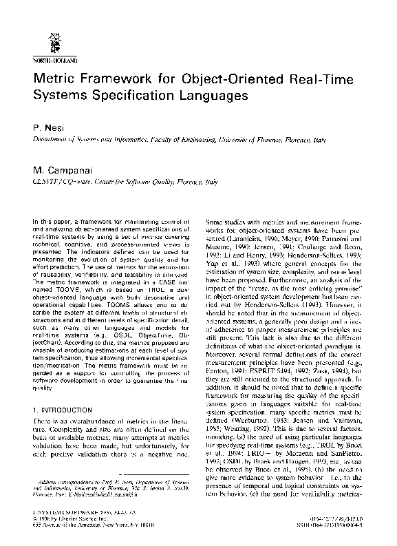(PDF) Metric framework for object-oriented real-time systems specification languages