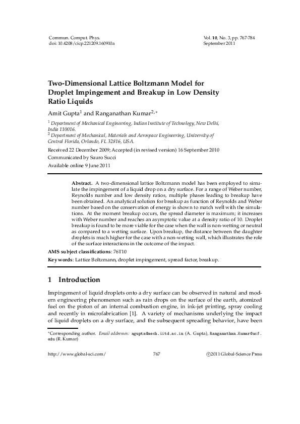 (PDF) Two-Dimensional Lattice Boltzmann Model for Droplet Impingement and Breakup in Low Density ...