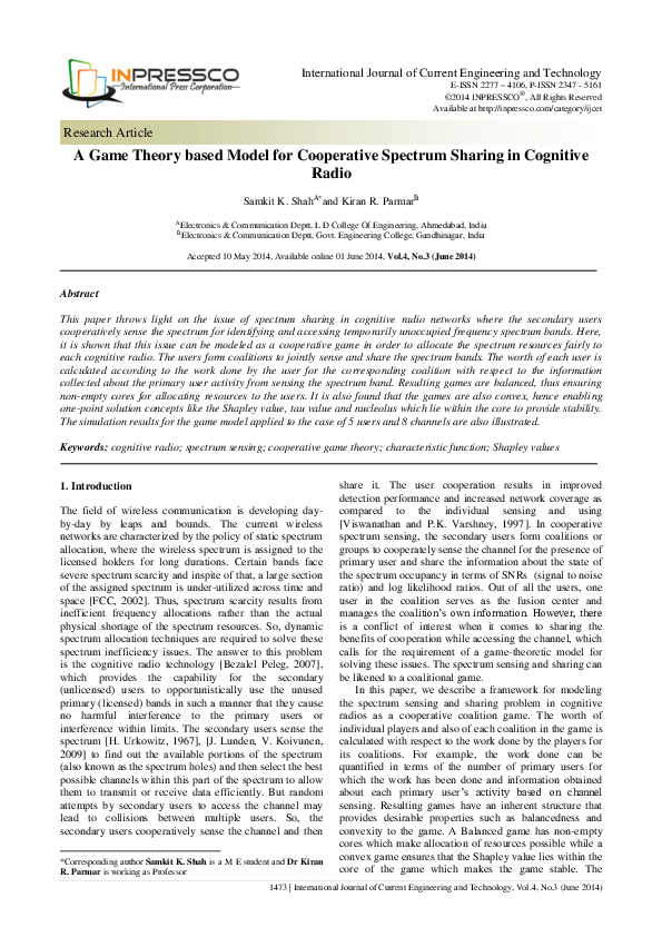 (PDF) A Game Theory based Model for Cooperative Spectrum Sharing in Cognitive Radio