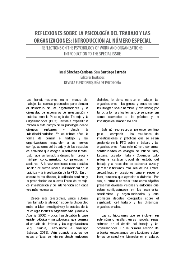 (PDF) Reflexiones Sobre La Psicología Del Trabajo y Las Organizaciones: Introducción Al Número ...