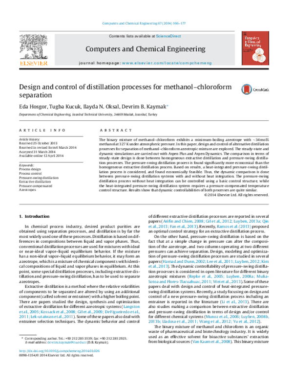 (PDF) Design and control of distillation processes for methanol ...