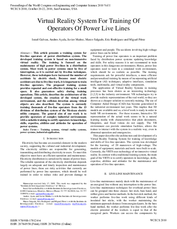 (PDF) Virtual Reality System For Training Of Operators Of Power Live Lines