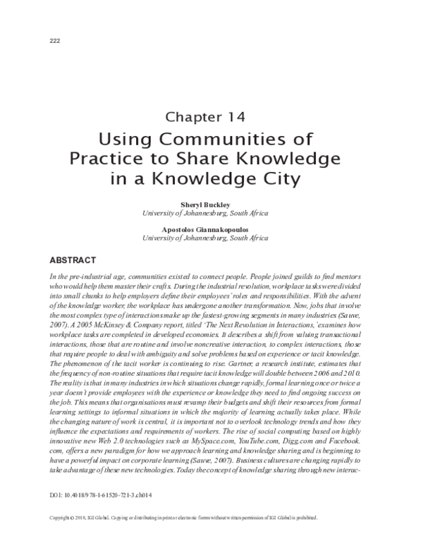 (PDF) Using Communities of Practice to Share Knowledge in a Knowledge City