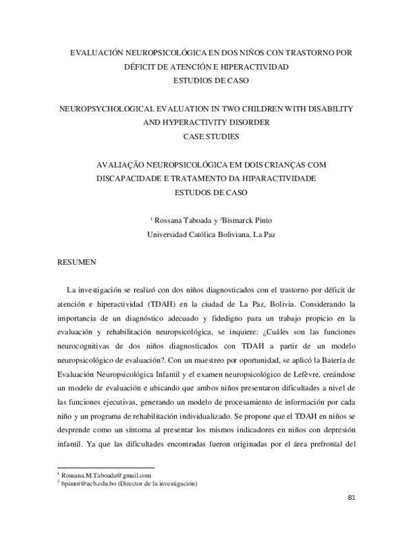 (PDF) Evaluación Neuropsicológica en Dos Niños Con Trastorno Por Déficit De Atención e ...