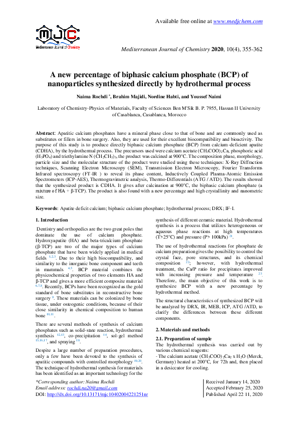 (PDF) A new percentage of biphasic calcium phosphate (BCP) of nanoparticles synthesized directly ...