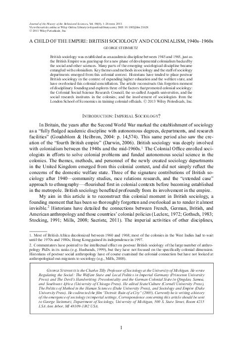 (PDF) A CHILD OF THE EMPIRE: BRITISH SOCIOLOGY AND COLONIALISM, 1940s-1960s