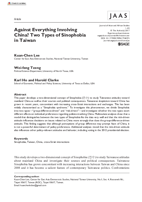 (PDF) Against Everything Involving China? Two Types of Sinophobia in Taiwan