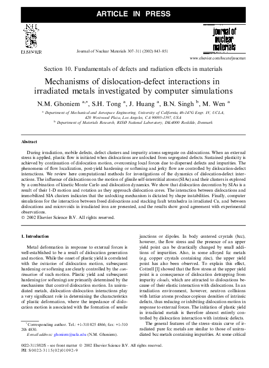 (PDF) Mechanisms of dislocation-defect interactions in irradiated metals investigated by ...