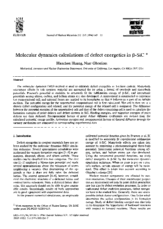 Pdf Molecular Dynamics Calculations Of Defect Energetics In β Sic