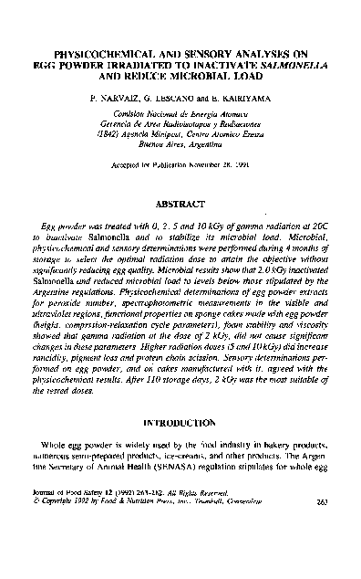 (PDF) Physicochemical and Sensory Analyses on Egg Powder Irradiated to Inactivate Salmonella and ...