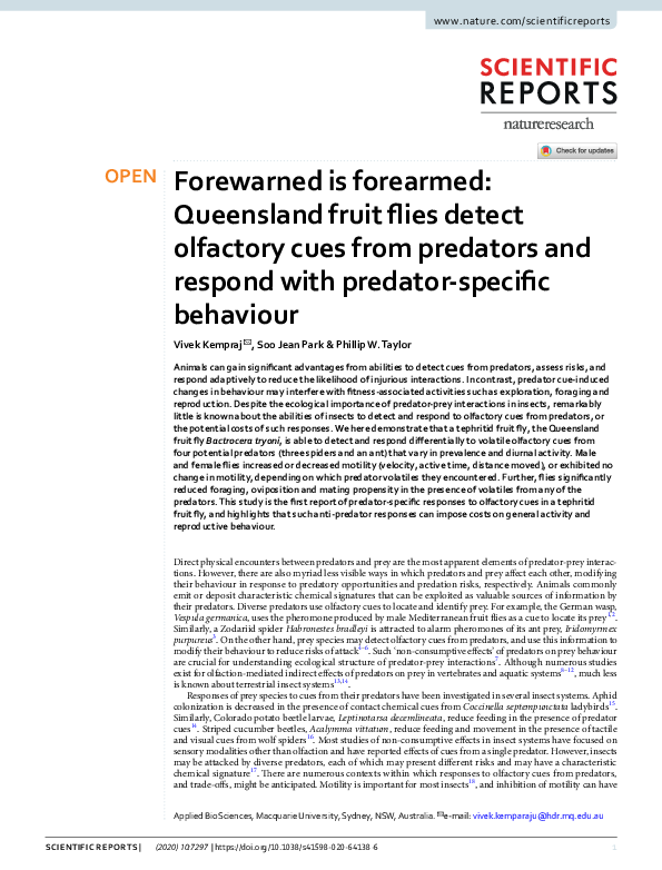 (PDF) Forewarned is forearmed: Queensland fruit flies detect olfactory ...