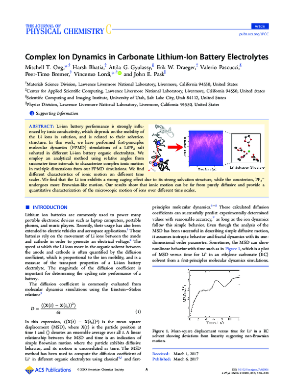 (PDF) Complex Ion Dynamics in Carbonate Lithium-Ion Battery Electrolytes